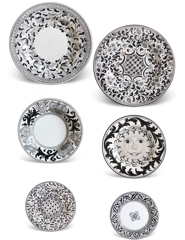 PIATTI DECORATI NERI CERAMICA CALTAGIRONE - SET 18 PEZZI | Maremoro